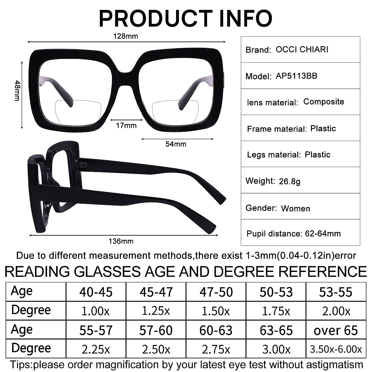 OCCI CHIARI Oversized Reading Glasses for Women 2.5 Bifocal Readers with Blue Light 1.0 1.25 1.5 1.75 2.0 2.25 2.5 2.75 3.0 3.5 (Black,2.50)