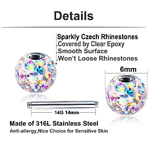 ZHIYAOR Never Fall out Crystal 14G Studs Nipple Rings Piercing Barbell Anti-allergy Surgical Steel Pairs (1pair AB,1pair White)