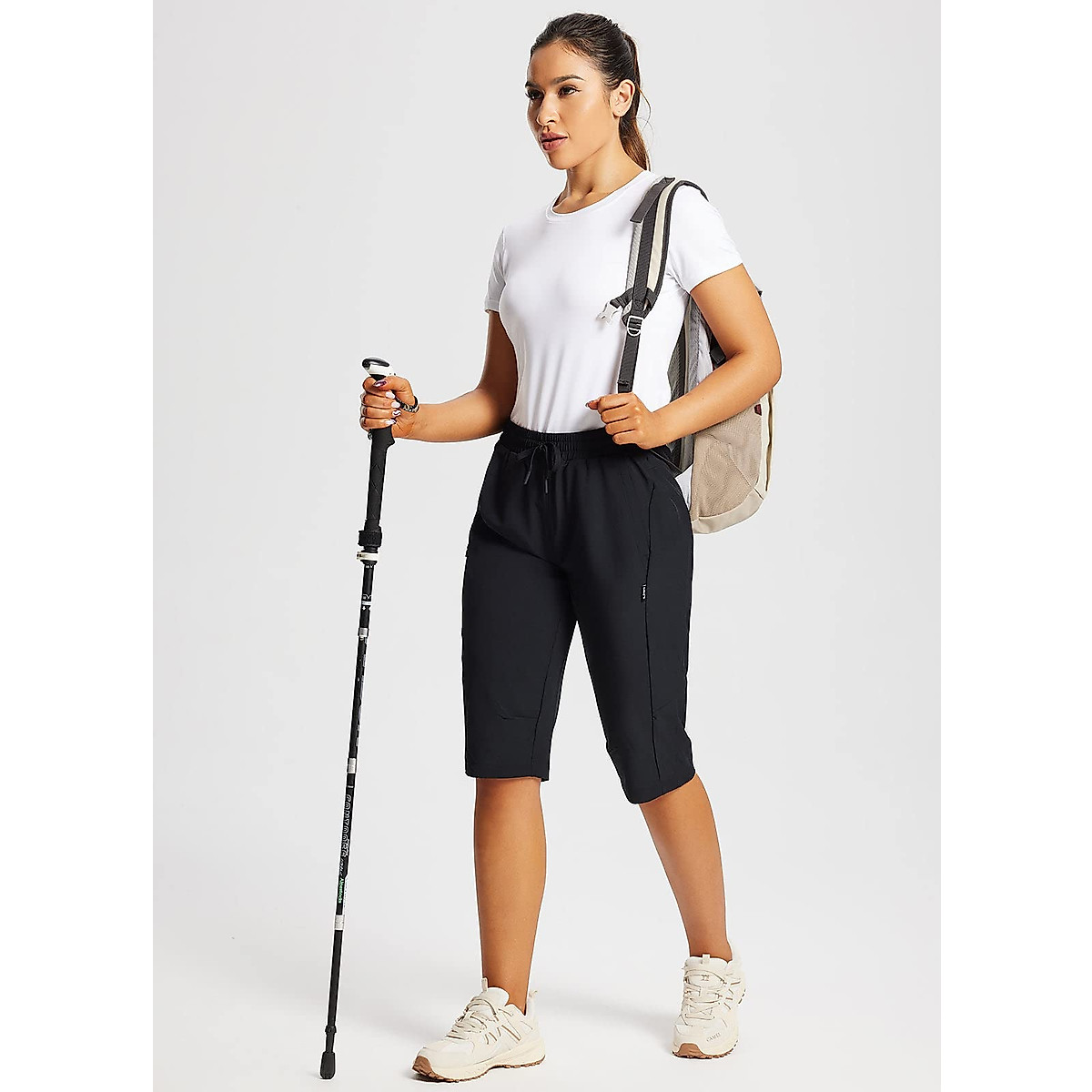 BALEAF Women's 15" Long Shorts Below The Knee Capri Hiking Cargo Shorts Lightweight Quick Dry Elastic Waist for Casual Black L