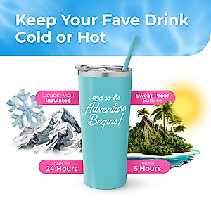 and So The Adventure Begins - Personalized Insulated Coffee Tumbler with Lid – Stainless Steel Insulated Travel Mug with Straw – Graduation, Promotion, Going Away, Job Change - Adventure Awaits