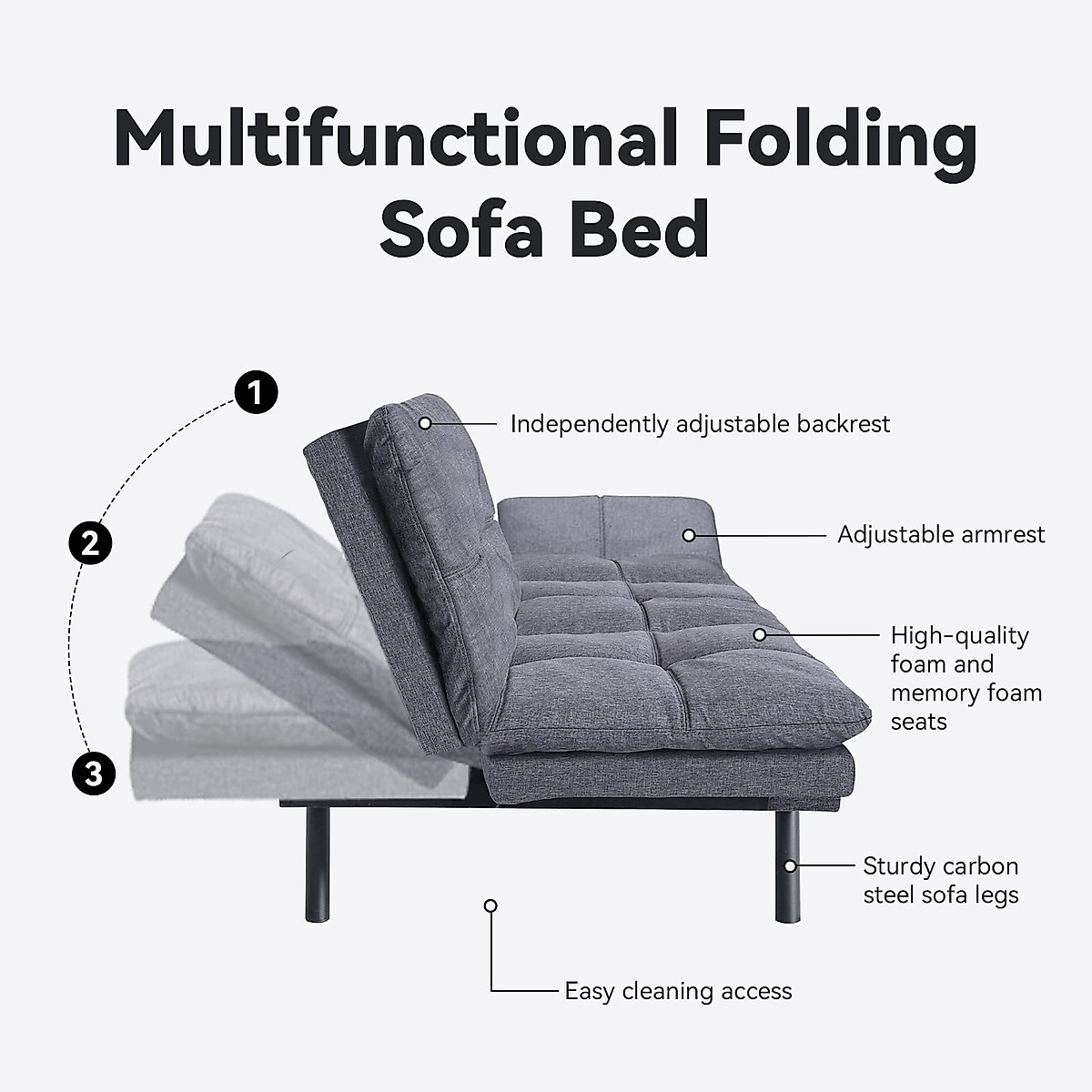 Opoiar Futon Sofa Bed Grey Fabric Memory Foam Leather Futon Split Seat,Modern Sleeper Sofa Love Seat，Folding Modern Sleeper Sofa for Small Space/Drom/Office/Apartment