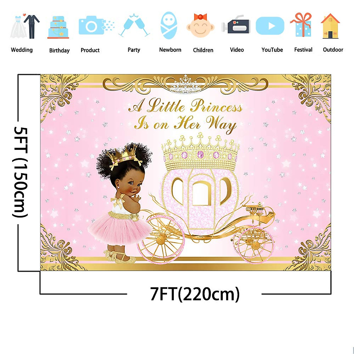 Mocsicka Little Royal Princess Baby Shower Backdrop Pink Princess Carriage Girl Baby Shower Background Ethnic Princess Newborn Props, 7x5ft