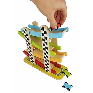 Colorful Wood Race Track Ramp with 4 Wooden Race Cars - Solid Wood Educational Baby Toy for Toddler Boys and Girls Age 18-24 Months, 2 Years and Up - Classic Early Development Vehicle Playset Toy