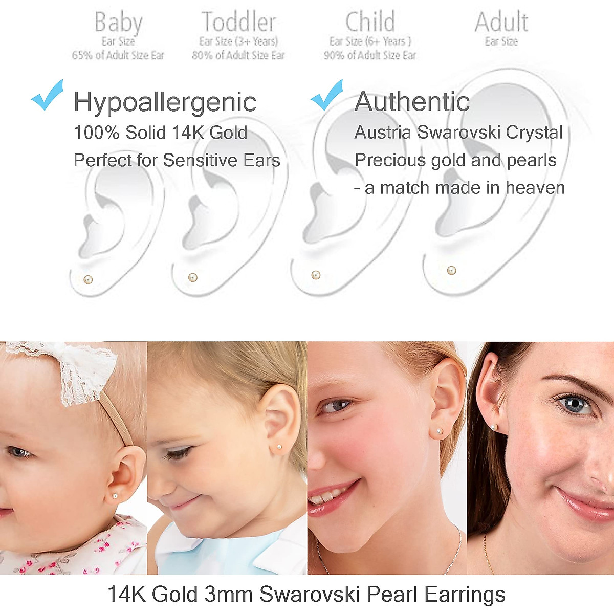 14K Solid Yellow Gold 3mm X-Small Tiny Swarovski Crystal White Pearl Stud Short Post Earrings for Girl Women