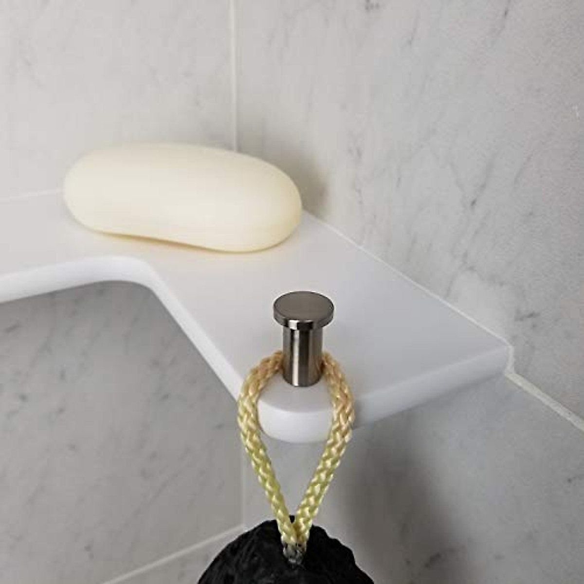 TileWare Corner Shelf for Bathroom Shower & Tub with Sponge or Loofah Hook, Bath - Floating Tile Wall Mount Shelves & Organizer Stand for Shampoo & Bathtub Accessories (Brushed Nickel - Hook)