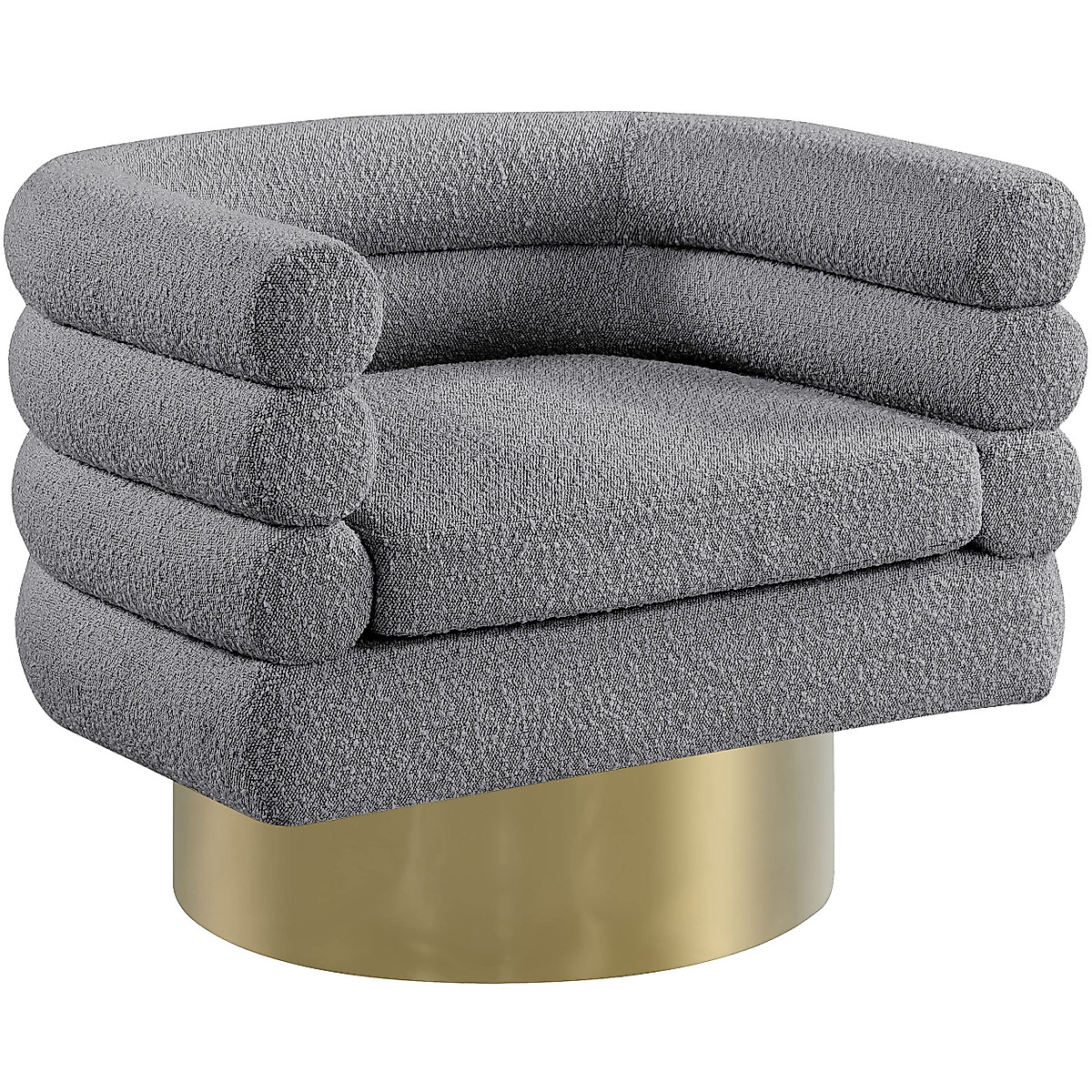 Meridian Furniture 544Grey Tessa Collection Modern | Contemporary Boucle Fabric Upholstered Swivel Accent Chair with Brushed Gold Base and Deep Channel Tufted Back, Grey, 33.5" W x 28" D x 26.5" H