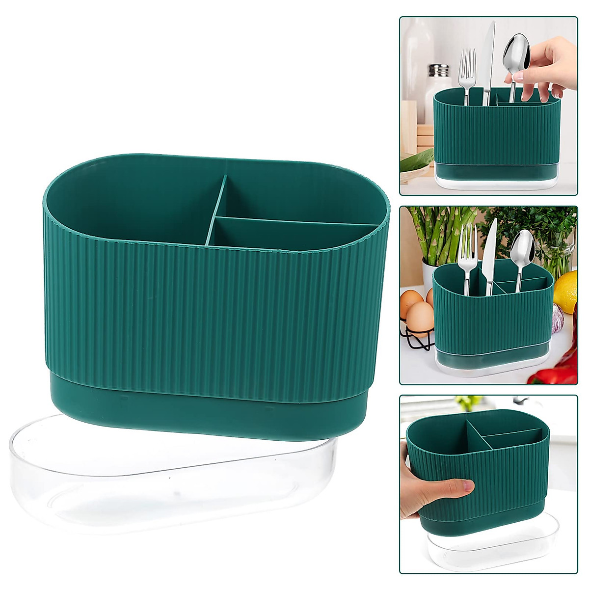 TOPBATHY Kitchen Utensil Draining Chopstick Cage Silverware Drainer Basket 3 Divided Cutlery Drying Utensil Crock Sink Countertop Flatware Organizer for Spoons Forks Green