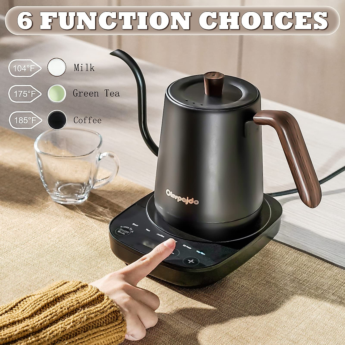 Electric Gooseneck Kettle - Pour-Over Coffee and Tea Kettle with LCD Display Automatic Shut Off - 100% Stainless Steel Kettle Water Boiler - Quick Heating Electric Kettles 0.8L - Matte Black