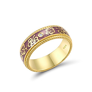 Santuzza 925 Sterling Silver Enamel Brown Flower Pattern Ring Cubic Zirconia 14K Gold Plated Dangle Wide Ring for Women (7)