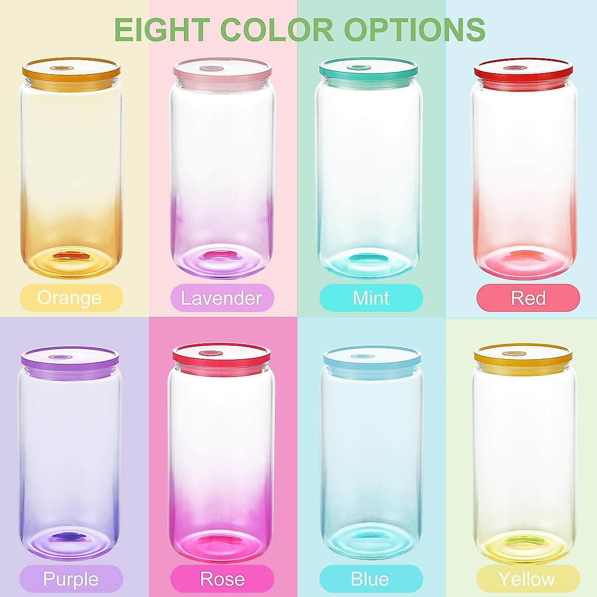 Laosh 8 Pack Sublimation Glass Cups, 16oz Sublimation Glass Tumbler Blanks with Colored Lids and Straws, Gradient Mason Jars Cups Beer Can Mug DIY Gift for Iced Coffee Beer Juice Soda