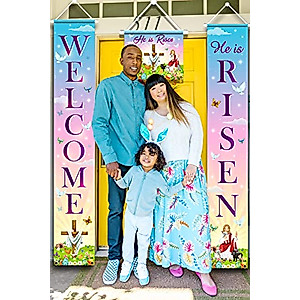 He is Risen Porch Sign-Religious Easter Supplies,3pcs Jesus Resurrection Easter Door Sign Banners,Happy Easter Front Door Welcome Hanging Banner for Spring Easter Decoration