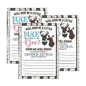 Hadley Designs 25 Buck or Doe Deer Gender Reveal Baby Shower Party Invitation Cards Pink Blue He She Personalized for Unisex Invite Guess If It's a Boy or Girl Fill In The Blank Printable Invite Pack
