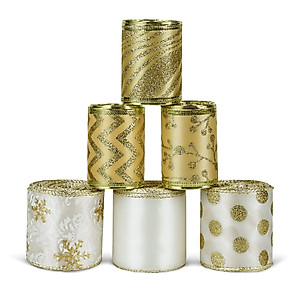Arquiel 6 Rolls Christmas Ribbon Wired, 2.5" x 6 Yards Gold Ribbons Ornaments with Glitter for Xmas Tree Gift Wrapping Bow Decoration, White & Gold Ribbons