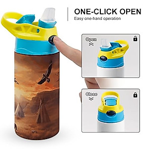 Stainless Steel Water Bottles Native American Tribes Travel Water Cups with Handle And Silicone Straw Drinking Cup with Leak Proof Lid Thermo Travel Mug for Women Men