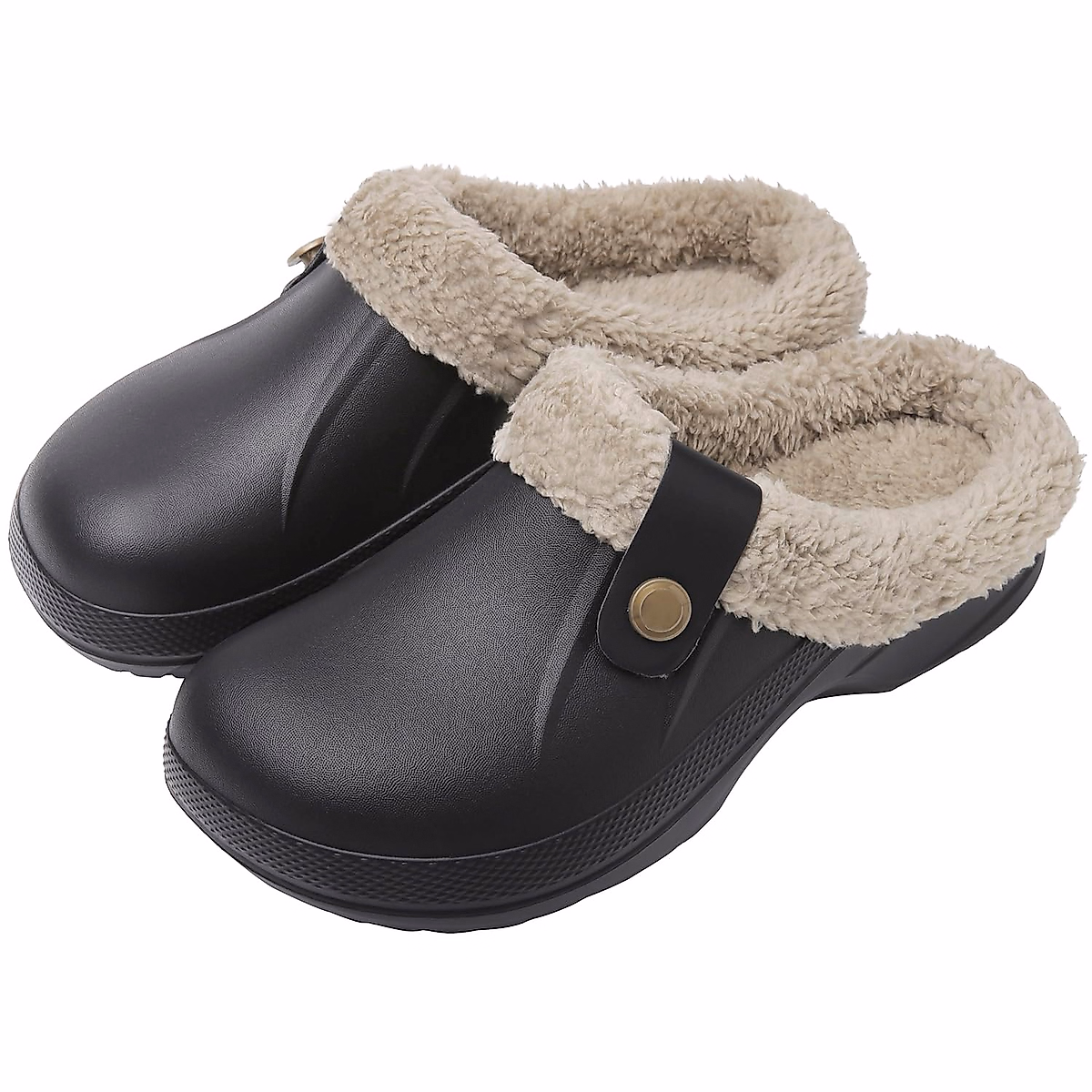 ChayChax Waterproof Slippers Women Men Fur Lined Clogs Winter Garden Shoes Warm House Slippers Indoor Outdoor Mules, Black 1, 8.5-9 Women/7.5-8 Men