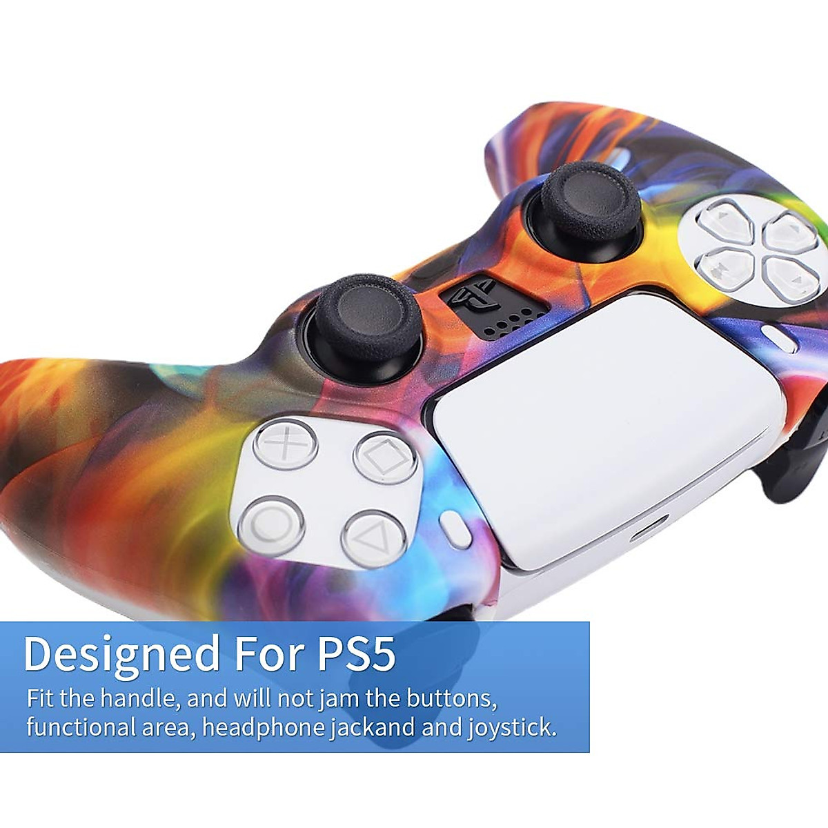 Skin Cover for Sony PS5 Dualsense Controller, Colourful Silicone Protecte Case Printing Cool Flowing Flame, with Pro Thumb Grips x 12