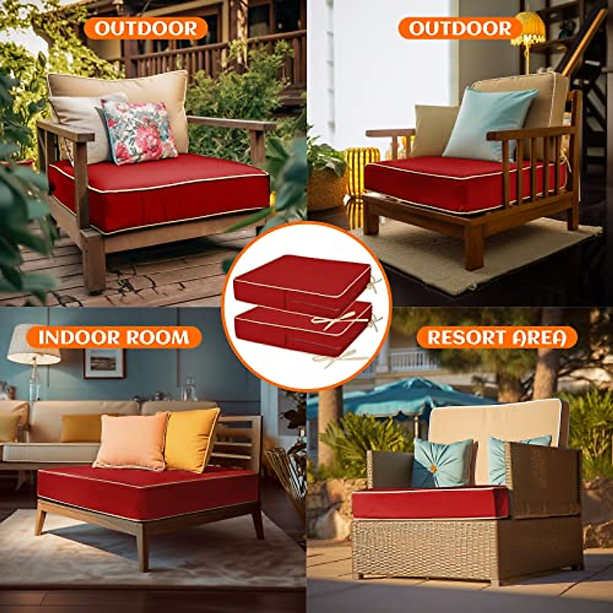 RULAER Patio Chair Cushion 20X20X4 Inch Outdoor Waterproof Seat Cushions Indoor Firm Yet Comfortable Square Dining Chair Pads Double Piping Washable Chair Pad (20x20x4（1pc）, Red)