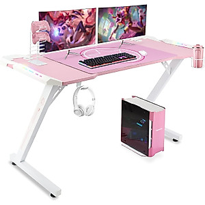 YOUTHUP Pink Gaming Desk with LED Lights, 55" Z Shaped RGB Gaming Computer Table, Ergonomic PC Workstation with Remote Control, Cup Holder, Handle Rack, Headphone Hook, Mouse Pad for Home Office Use