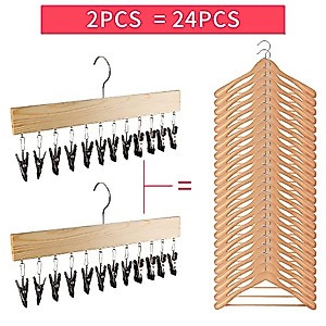 2 Pack Legging Organizer for Closet, Wooden Pants Hangers Leggings Hanger Space Saving with 24 Rubber Coated Clips, Multi Purpose Clothes Storage Organizer for Skirts Shorts Trouser Jeans, Natural