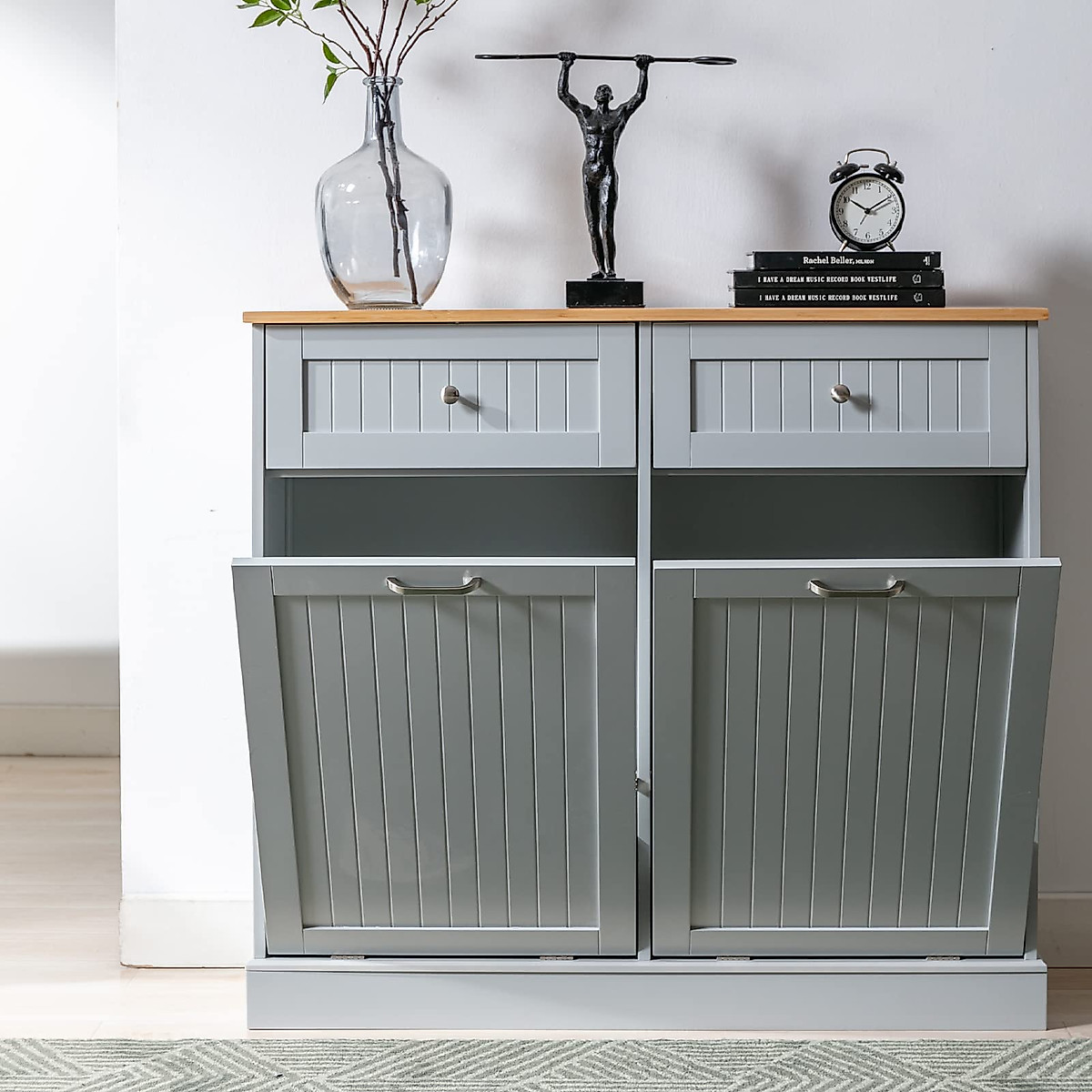 Double Trash Cabinet Tilt Out 20 Gallon, Pet Proof Kitchen Trash Cabinet Laundry Hamper with Cutting Board, Wood Garbage Recycling Station Hideaway Trash Holder Drawers (Grey)