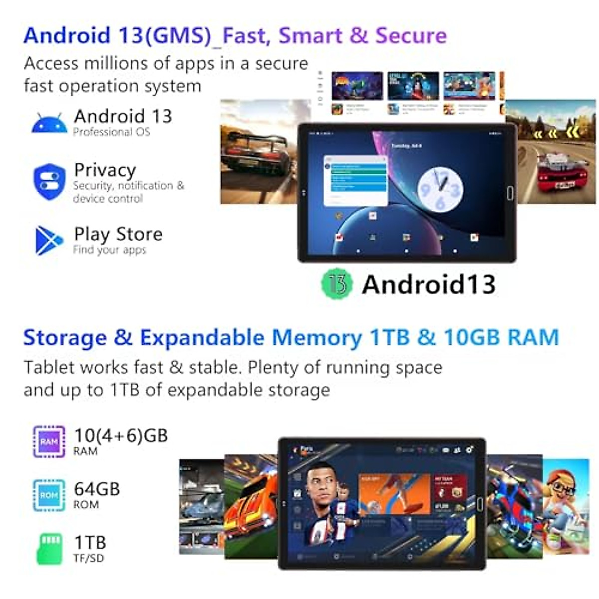 GOODTEL 2024 Newest Tablet 10-inch 10GB RAM 64GB ROM 1TB TF, Android 13, WiFi 5G/2.4G, Bluetooth 5.0, GMS, Widget, Split-Screen Function, AGPS, OTG, Type-C, 3.5mm AUX, 6000mAh, 8+5MP, Black