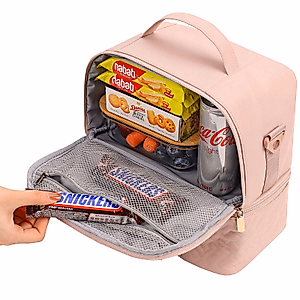 NISHEL Lunch Bag for Women, Insulated Two Separate Compartments Lunch Box with Adjustable Shoulder Strap, Leakproof Lunch Cooler Bag for Work, Pink