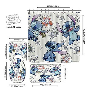 Dufdauio Anime 4 Piece Shower Curtain Set with Non-Slip Rug, Durable Toilet lid Cover, U-Shaped Cushion, and 12 Hooks Waterproof Shower Curtain Set for Bathroom