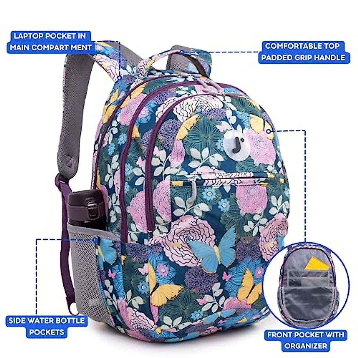 J World New York Cornelia School Backpack for Kids. Cute Womens Laptop Bookbag, Secret Garden, 18 X 12.5 X 8 (H X W X D)