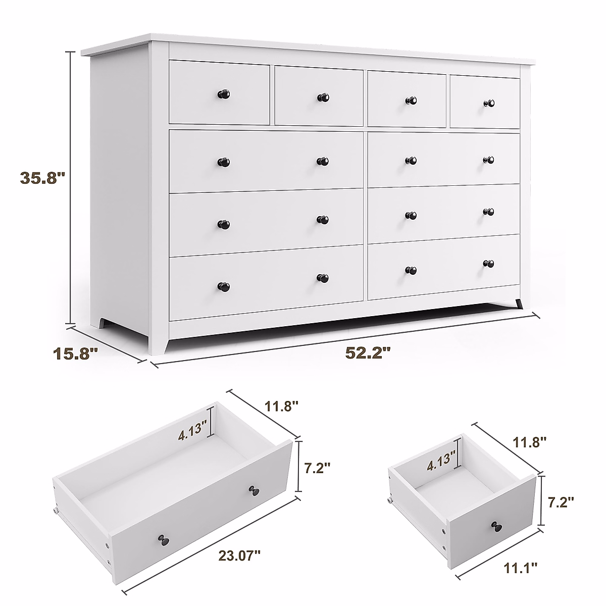 EnHomee White Dresser, Dresser for Bedroom with 10 Wood Drawers Dressers & Chests of Drawers with Smooth Metal Rail, Wide Storage Dressers Organizer for Hallway, Bedroom, 52.2W*15.8" D*35.8" H