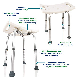 Healthline Trading Bath Bench Adjustable Height, Lightweight Compact and Small Chair for Shower, Adjustable Shower Chair Bath Bench Without Back with Non-Slip Seat, Bathtub Stool for Seniors, White