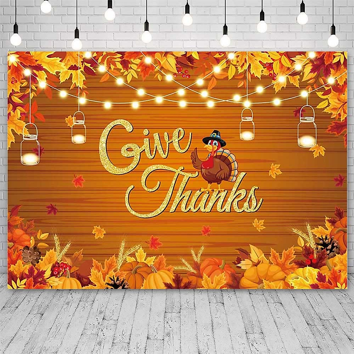 AIBIIN 7x5ft Autumn Thanksgiving Festival Backdrop Fall Wooden Maple Leaves Pumpkin Photography Background Harvest Give Thanks Banner Thanksgiving Day Party Decorations Props