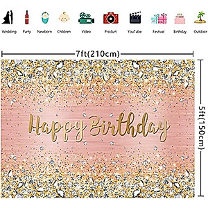 Happy Birthday Backdrop 7x5ft Diamonds Glitter Shining Pink and Gold Dot Sparkle Bokeh Photography Background for Women Girls Lady Sweet Party Decorations Photo Props