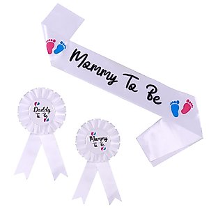 NEWHAPPYLAND Baby Shower Decorations Sash and Tinplate Badge Pins Mommy to Be and Daddy to Be Gender Reveal Party Favors