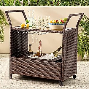 Vicluke Outdoor Wicker Bar Cart with Removable Ice Bucket, Rattan Bar Serving Cart with Glass Holder and Wheels, Beverage Cart with Glass Countertop for Pool, Party, Backyard