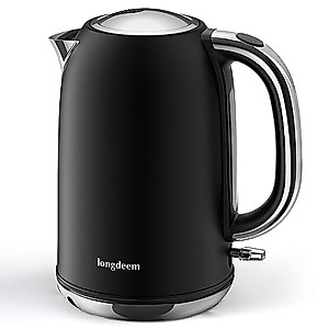 Longdeem Fast-Boil Electric Tea Kettle, 1.7L Stainless-Steel Water Heater, 1500W, Cordless Matte Black Design with LED, Auto-Shutoff & Anti-Dry Protection