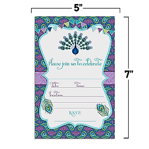 Amanda Creation Peacock Themed Birthday Party Fill In Style Invitations, set of 20 including envelopes