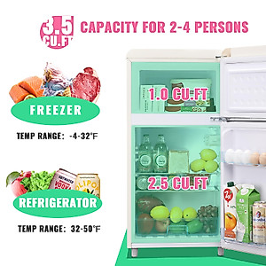 DEMULLER 3.5 Cu.ft Retro Mini Fridge with Freezer Dual Doors & Handles Compact Refrigerator with 7 Thermostat Control Freestanding Small Fridge with LED Light Cream