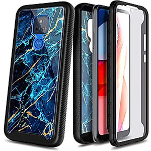 NZND Case for Motorola Moto G Play 2021 with [Built-in Screen Protector], Full-Body Protective Shockproof Rugged Bumper, Impact Resist Durable Phone Cover Case (Marble Design Sapphire)