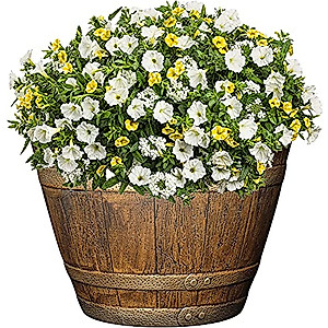 Classic Home and Garden Whiskey Plastic Resin Flower Pot Barrel Planter, 15", Oak Brown (2 Pack)