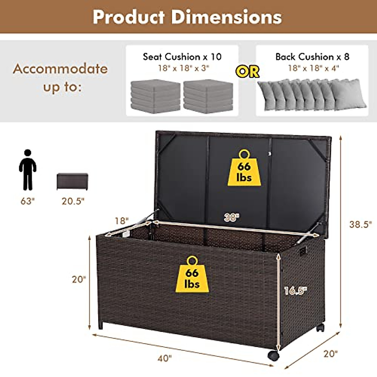 Tangkula 50 Gallon Wicker Deck Storage Box, Patio Rattan Storage Container with 2 Universal Wheels, Safety Pneumatic Rod, Zippered Liner, Sturdy Steel Frame, Ideal for Backyard, Poolside (Mix Brown)
