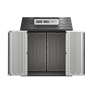 Rubbermaid Resin Weather Resistant Outdoor Storage Shed, 7 x 7 ft., Simple Gray/Onyx, for Garden/Backyard/Home/Pool