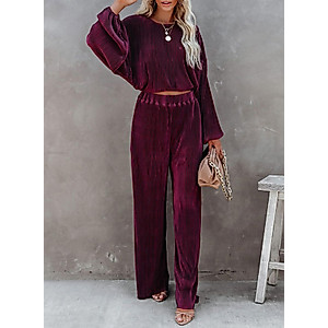 Dokotoo Womens Two Piece Outfits Casual Crew Neck Long Sleeve Tops 2 Piece Fall Outfits for Women Solid Wide Leg Pants Set 2024 Trendy Wedding Guest Sweatsuit Palazzo Pants Tracksuit L Red