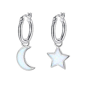 Star and Moon Friendship Earrings Created Opal Hoop Drop Dangle Earrings 925 Sterling Silver Star Moon Fans Best Valentines Day Birthday Gifts