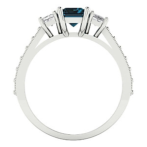 Clara Pucci 1.71ct Emerald Round Cut Solitaire 3 stone Accent Natural London Blue Topaz gemstone designer Modern Ring 14k White Gold