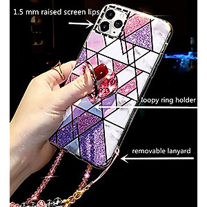 Aulzaju for iPhone 12 Pro Max Girly Case with Ring Stand Luxury Bling Diamond Hard PC Back Rugged Marble Design Cute Glitter Rhinestone Geometric Bumper Cover with Bead Lanyard for Women 6.7'' Pink