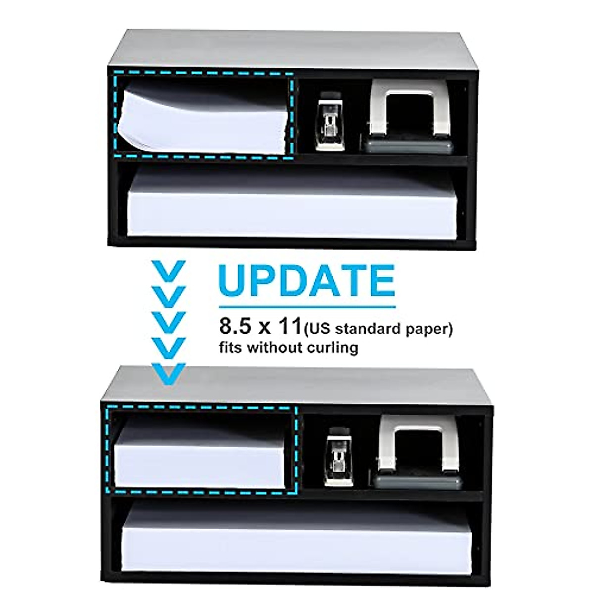 FITUEYES Large Printer Stands with 3 Storage Compartments, Desktop Paper Organizer Shelf for Home Office, 2-Tier Printer Riser, Black, 18.9" L x 15.7" W x 8.7" H