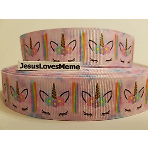 for Grosgrain Ribbon Sleeping Unicorn Heads on Light Pink Flowers on Head Daisy 1" Seasonal Ornaments - (Length) is 3 Yards