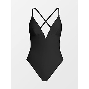 CUPSHE Women Swimsuit One Piece Bathing Suit Deep V Neck Crisscross Back Adjustable Strap Black L