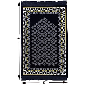 Modefa Turkish Islamic Velvet Prayer Rug - Thin & Lightweight Praying Carpet - Muslim Janamaz Sajadah for Men & Women - Ramadan or Eid Gift - Kufi Cap & Beads - Floral Daisy Arch (Navy Blue)