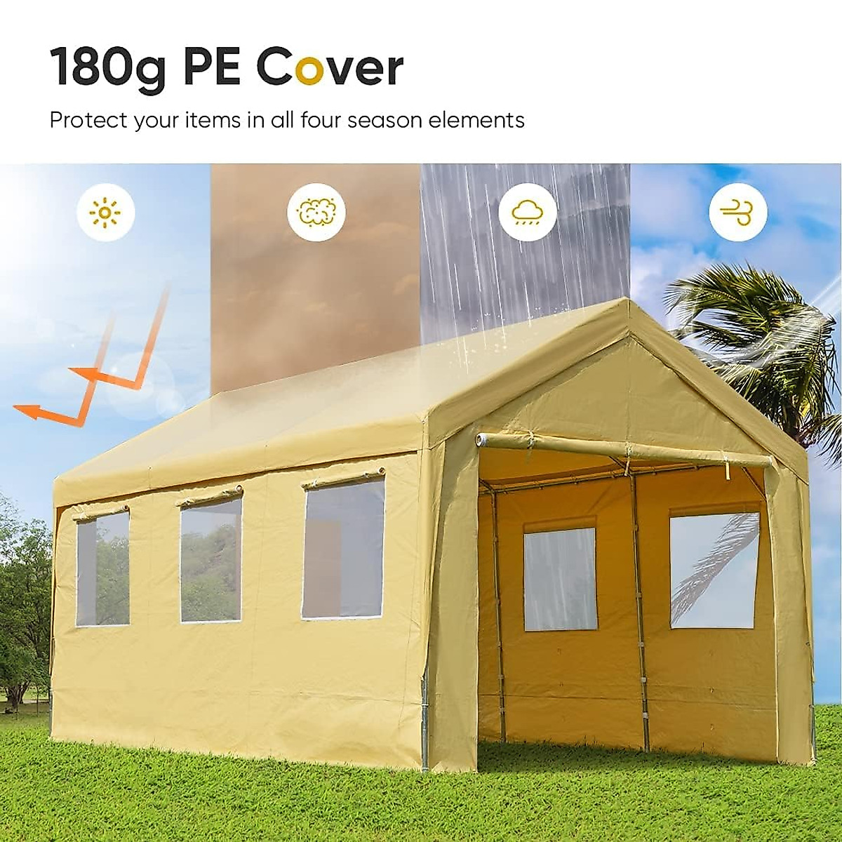 ADVANCE OUTDOOR 10x20 ft Heavy Duty Adjustable Carport with 6 Roll-up Ventilated Windows & Removable Sidewalls Car Canopy Garage Boat Shelter Party Tent, Peak Height from 9.5ft to 11ft, Beige Yellow
